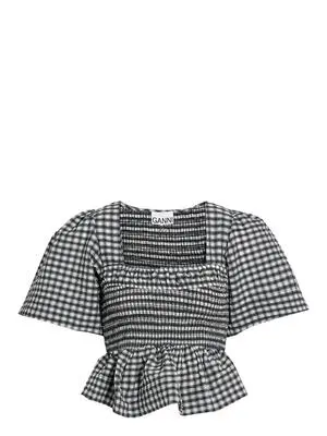 GANNI Gingham Seersucker Peplum Top - Black
