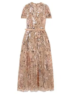 Elie Saab Belted Sequin-embellished Tulle Midi Dress - Pink