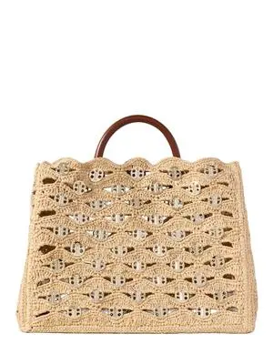 Rabanne 1969 Leather-trimmed Chainmail-embellished Raffia Tote - Neutrals
