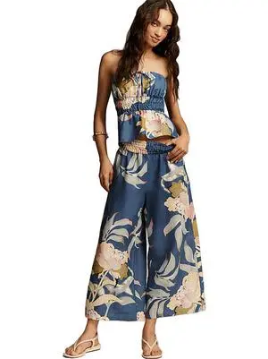 THE SOMERSET COLLECTION BY ANTHROPOLOGIE The Somerset Collection Printed Linen Pull-on Wide Leg Pants - Blue Pattern