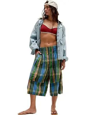 Free People Ivy Cropped Pull-On Culotte Pants Blue Combo