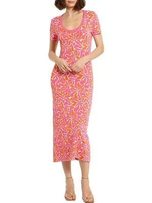 Mac Duggal Short Sleeve Floral Knit Maxi Dress - Hot Pink Multi
