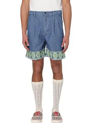 Valentino Garavani Pleated Denim Shorts With Embellished Hem - Blue