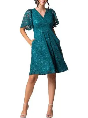 KIYONNA Sequin Lace Cocktail Dress - Teal Topaz