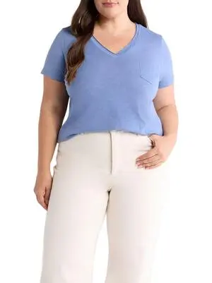 Caslon Short Sleeve Cotton & Modal V-Neck Pocket T-Shirt Blue Beyond