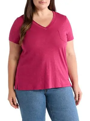 Caslon Short Sleeve Cotton & Modal V-neck Pocket T-shirt - Burgundy Berry