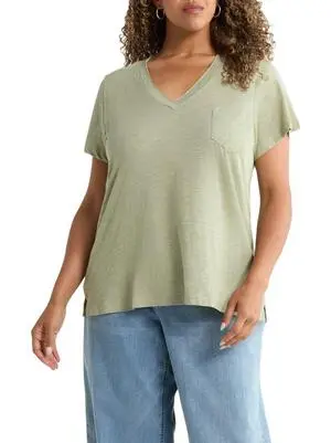 Caslon Short Sleeve Cotton & Modal V-Neck Pocket T-Shirt Green Clay