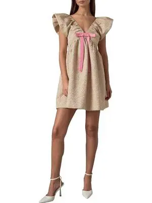 Endless Rose Bow Jacquard Babydoll Mini Dress - Pink/ Green