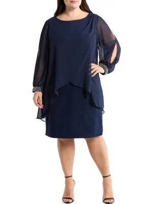SL FASHIONS Beaded Overlay Long Sleeve Chiffon Cocktail Dress - Navy