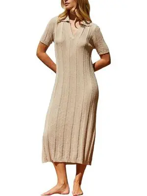 CRESCENT Ribbed Knit Polo Dress - Taupe