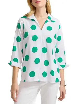 Foxcroft Agnes Dot Print Cotton Popover Top - White/ Green
