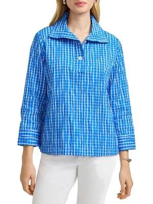 Foxcroft Foxcroft Sammy Check Crinkled Cotton Blend Top Cobalt Blue/ White