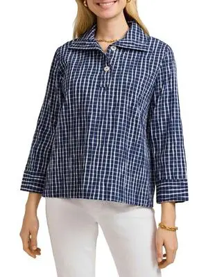 Foxcroft Sammy Check Crinkled Cotton Blend Top - Navy/ White