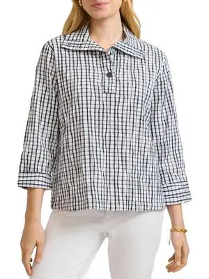 Foxcroft Foxcroft Sammy Check Crinkled Cotton Blend Top White/ Black