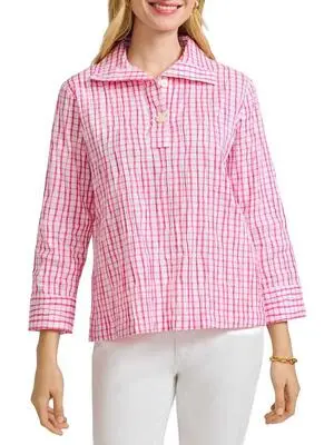 Foxcroft Sammy Check Crinkled Cotton Blend Top - White/ Bombshell Pink
