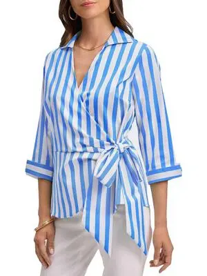 Foxcroft Salina Striped Wrap Shirt - Cobalt Blue/ White
