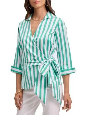 Foxcroft Salina Striped Wrap Shirt - Kelly Green/ White