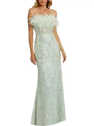 Mac Duggal Strapless Feather Bustier Gown With Embroidery - Mint