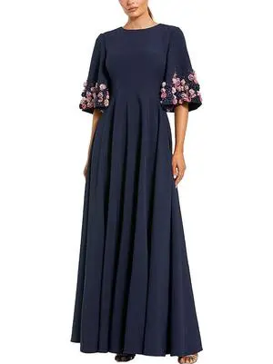 Mac Duggal Satin Elbow Sleeve Gown With Flower Trim - Midnight