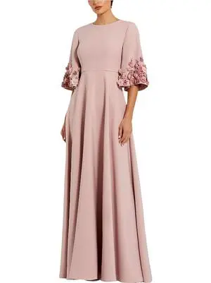 Mac Duggal Satin Elbow Sleeve Gown With Flower Trim - Rose