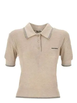 Miu Miu Short-Sleeved Knitted Polo Shirt Beige