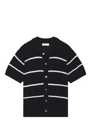 DUNST Shaker Stitch Open Collared Cardigan - Navy & Cream