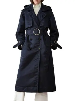 Caalo Sustainable Down Filled Satin Trench Coat - Navy