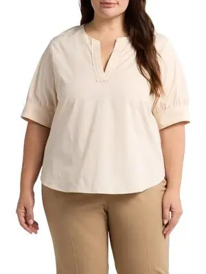 Wit & Wisdom Cuffed Split Neck Top - Stone