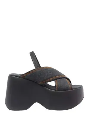 VIC MATIE 100mm Denim Wedge Sandals - Black