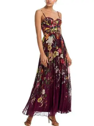 Aqua Pleated Floral Maxi Dress - Cherry Lacquer Multi