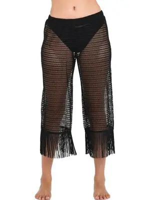 La Blanca Fringe Sheer Crop Cover-up Pants - Black