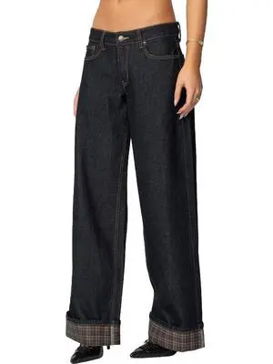 EDIKTED Plaid Cuff Wide Leg Jeans - Blue