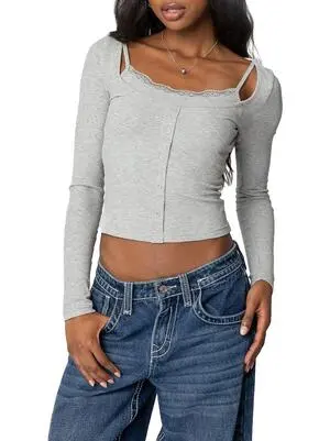 EDIKTED Josi Layered Rib Top - Gray-melange