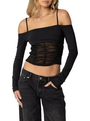 EDIKTED Susie Cold Shoulder Mesh Crop Top - Black