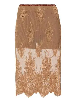 JACQUES WEI Layered Leather-trimmed Lace Midi Skirt - Brown