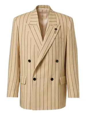LARDINI Striped Double-breasted Linen And Wool Blazer - Beige