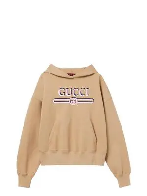 Gucci Cotton Hooded Sweatshirt With Interlocking G And Web Print - Beige