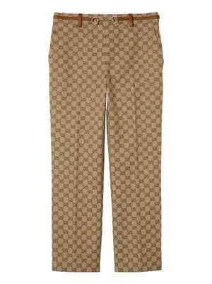 Gucci Gg Canvas Pleated Pants With Horsebit Belt - Brown