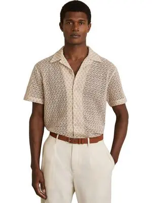 REISS Sterling Crochet Cuban-collar Shirt - Oatmeal