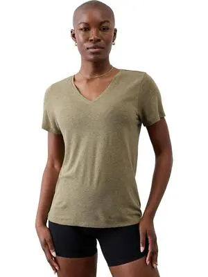 Athleta Getaway Linen Blend V-neck Tee - Olive Branch