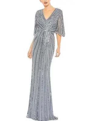 Mac Duggal Sequined V-neck Cape Sleeve Column Gown - Slate Blue