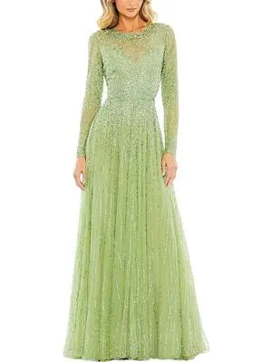 Mac Duggal Sequined Illusion High Neck Long Sleeve Gown - Sage