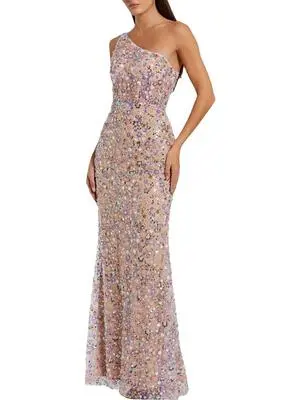 Mac Duggal Floral Embellished One Shoulder Gown - Pink Multi