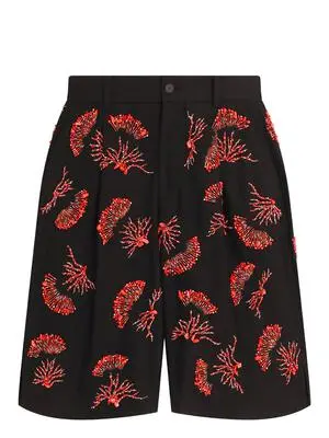 Dolce & Gabbana Cotton Twill Shorts With Coral Embroidery - Black