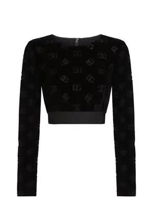 Dolce & Gabbana Cotton Chenille Crop Top With Jacquard Dg Logo - Black