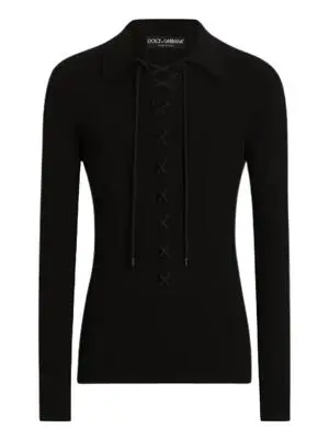 Dolce & Gabbana Long-sleeved Interlock Jersey Polo-shirt With Laces - Black