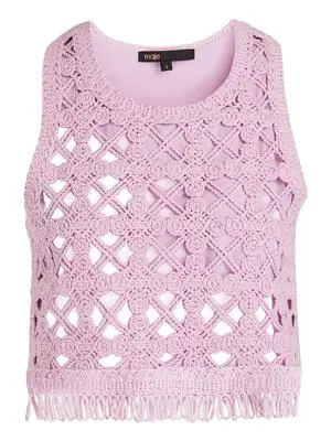 Maje Cropped Fringed Crocheted Cotton Top - Lilac