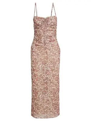 Bec & Bridge Priya Ruched Floral-print Stretch-mesh Midi Dress - Brown