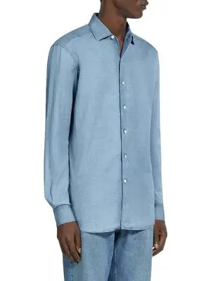 Zegna Bleached Button-up Denim Shirt - Br Blu Sld