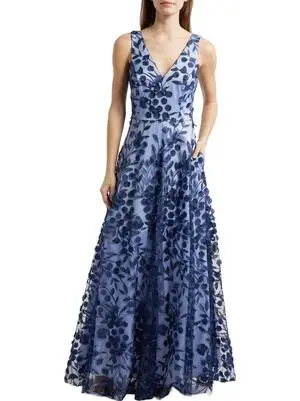Eliza J Embroidered Floral Lace Gown - Navy Blue